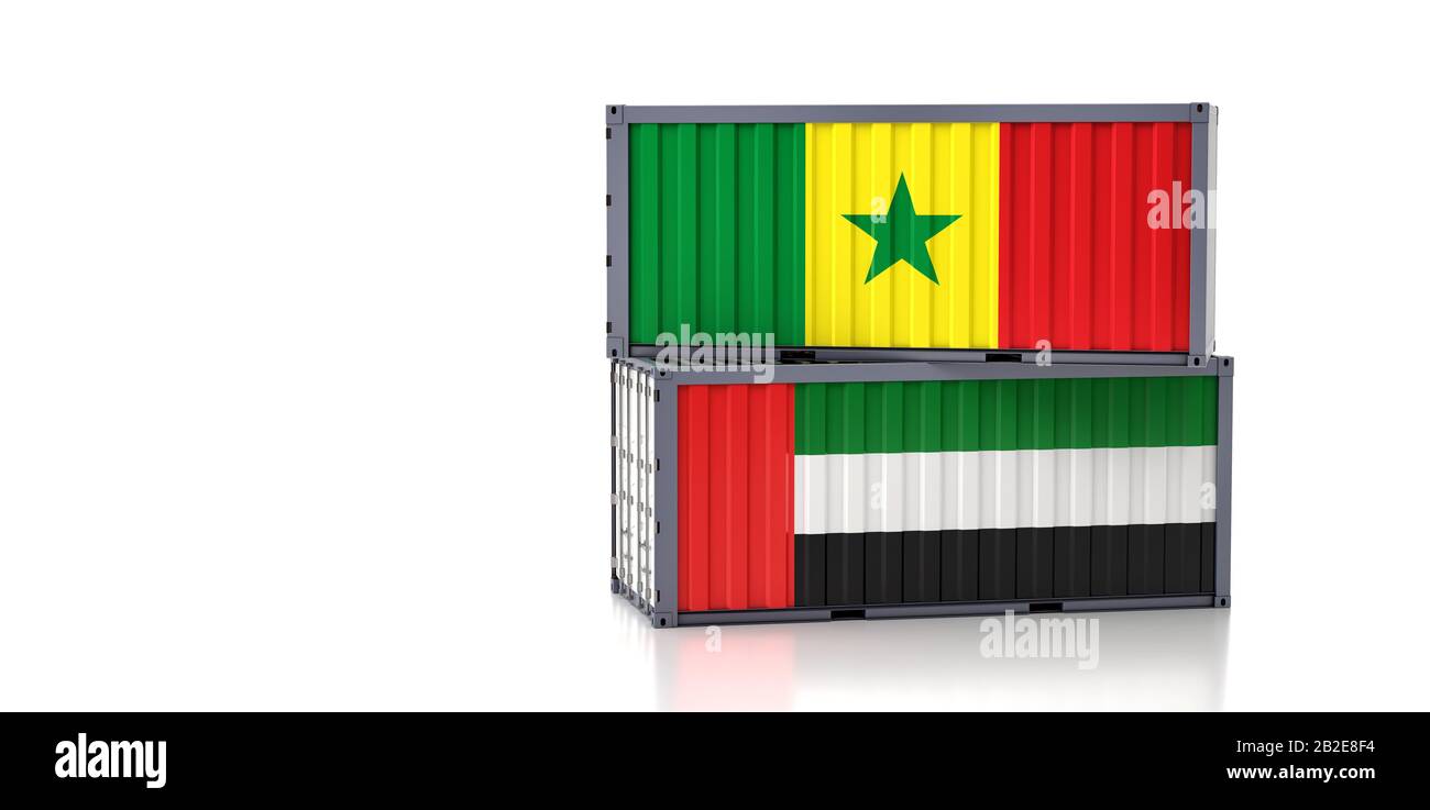 Shipping containers with United Arab Emirates and Senegal flag. 3D ...