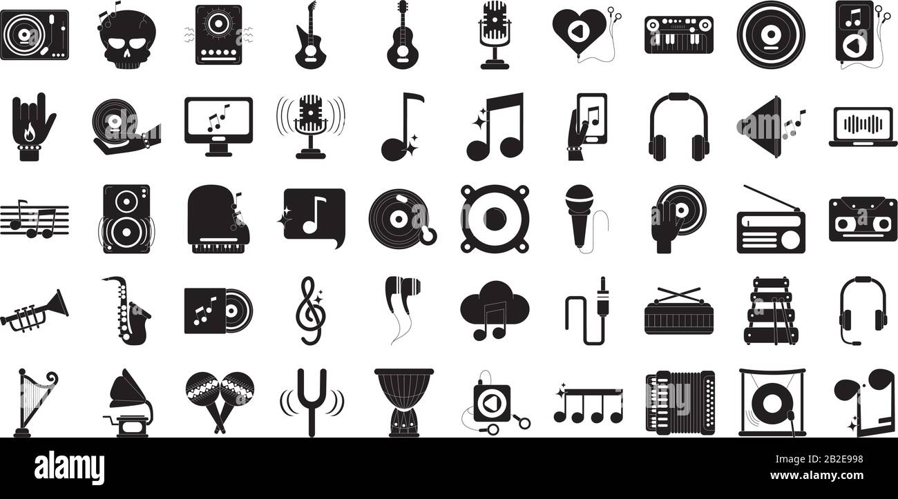 music melody sound audio icons set vector illustration silhouette style ...