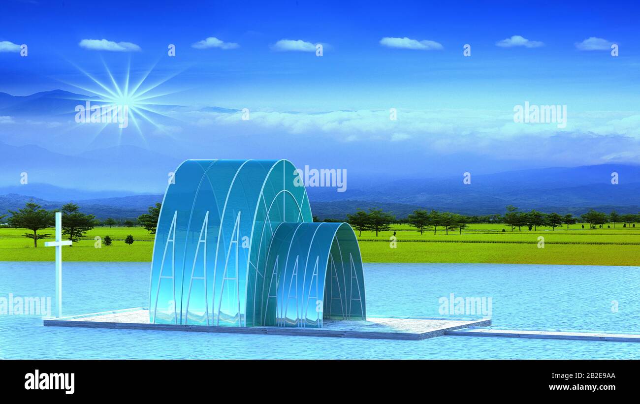 The 3d rendering of beautiful glass made church in the pool with ...