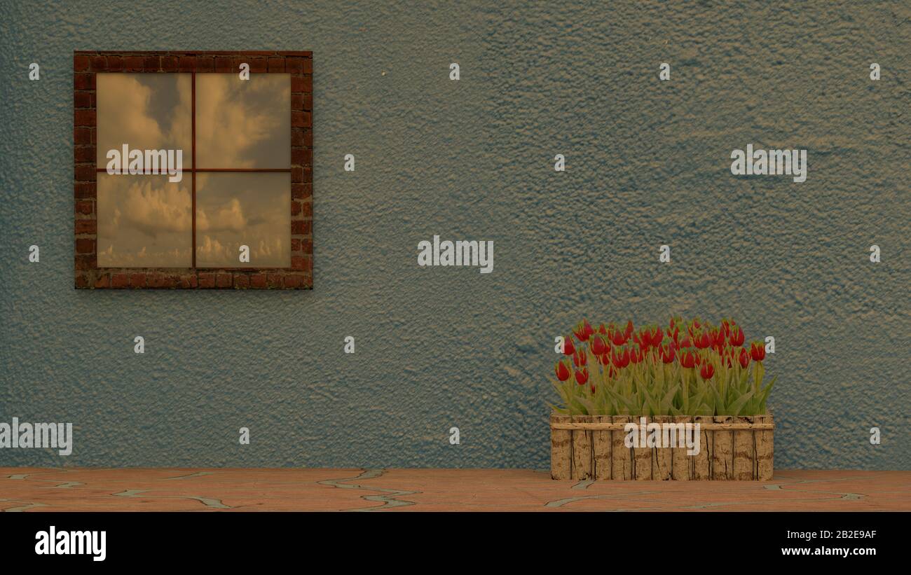 The 3d rendering of window with reflection and beauticul tulip beside ...