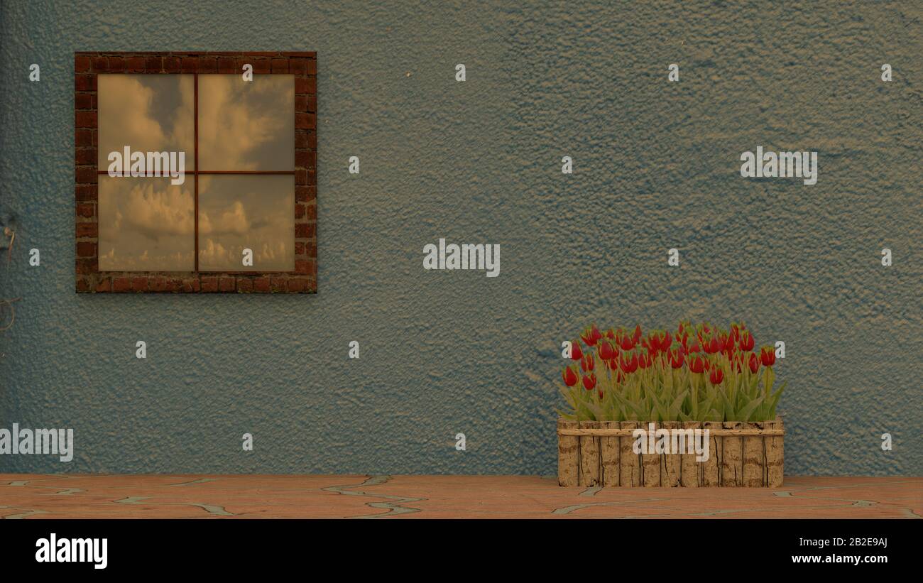 The 3d rendering of window with reflection and beauticul tulip beside ...