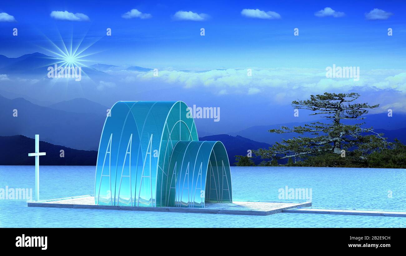 The 3d rendering of beautiful glass made church in the pool with ...