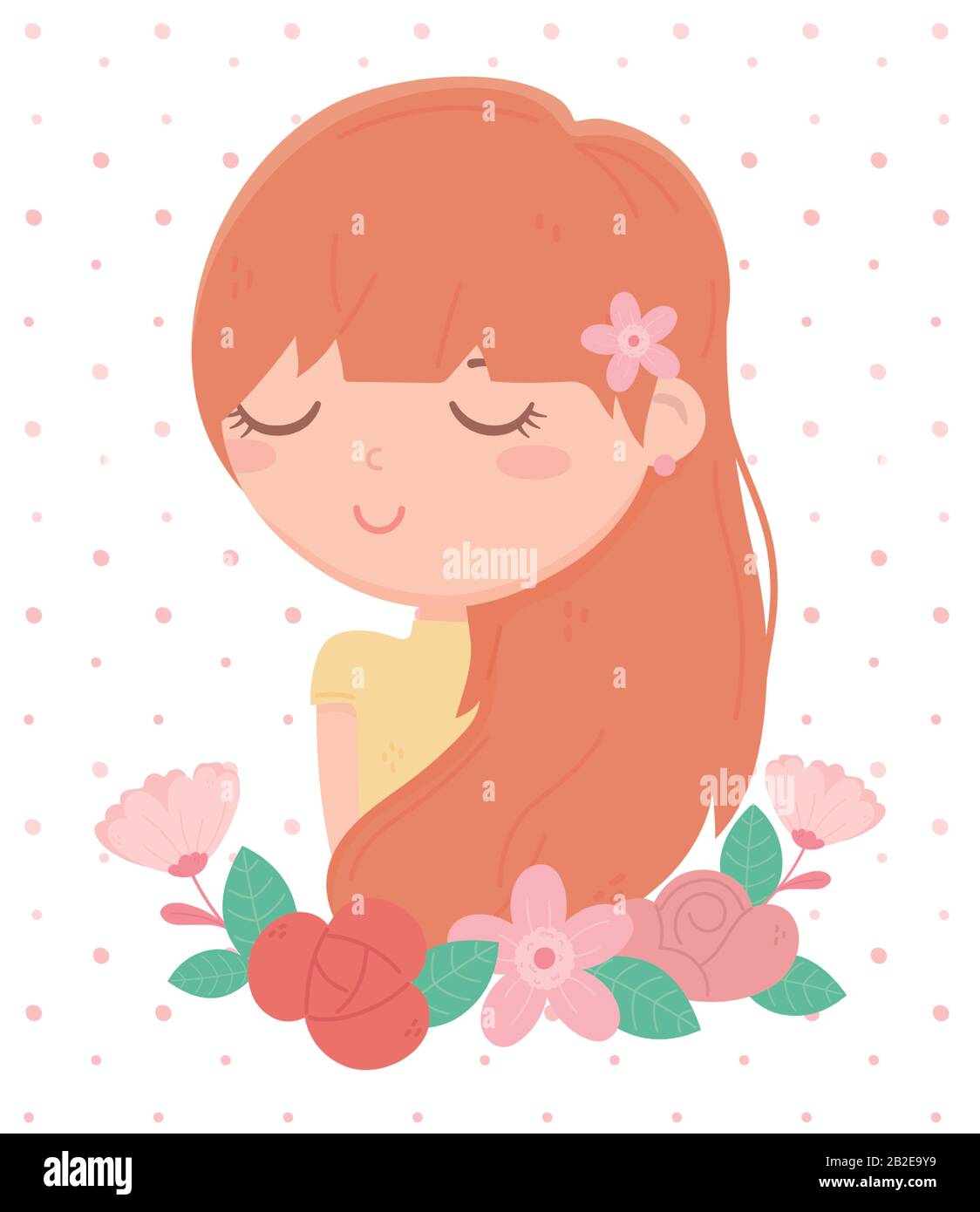 young woman flower in hair and flowers nature cartoon vector ...