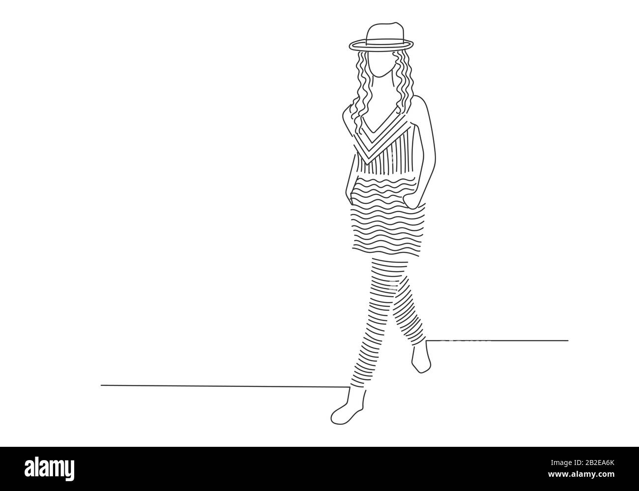 Trendy line drawing of standing young women Cartoon female flat figure ...