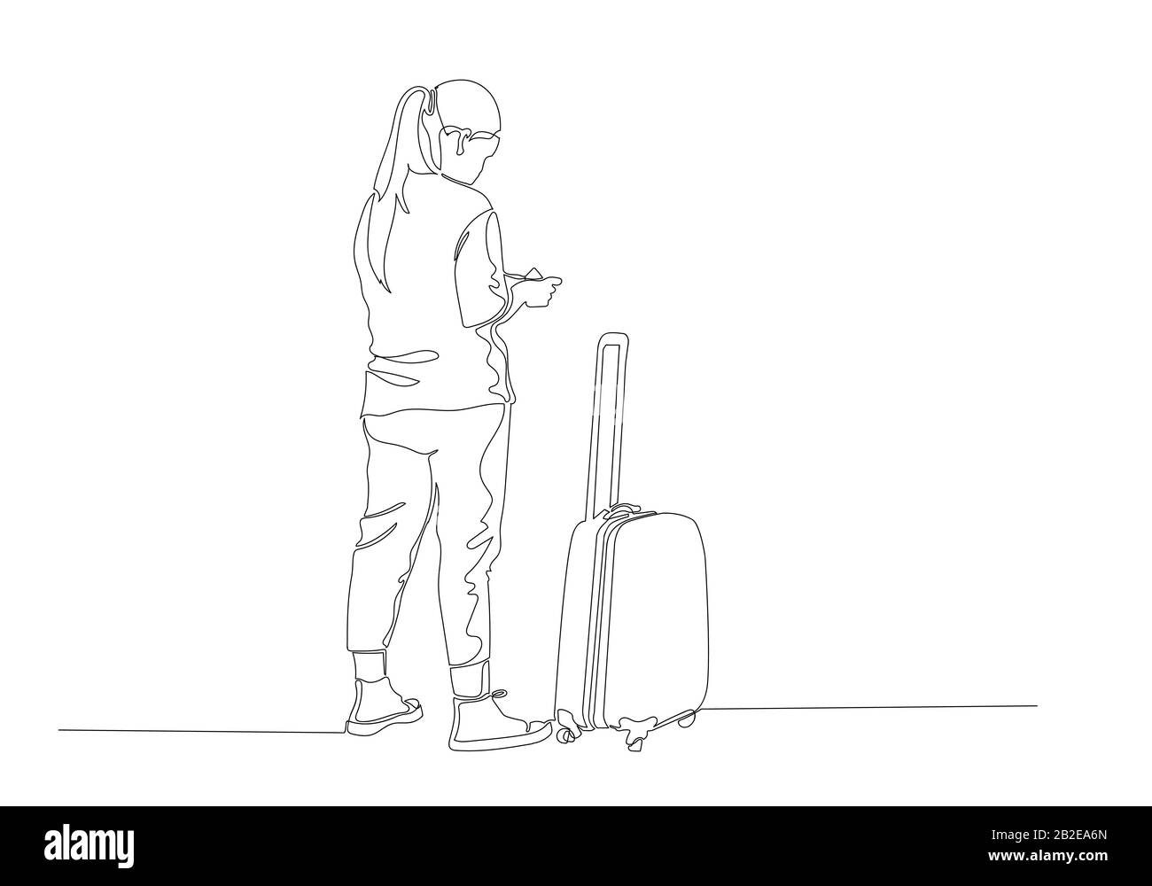 One continuous line drawing of standing traveler with baggage ...