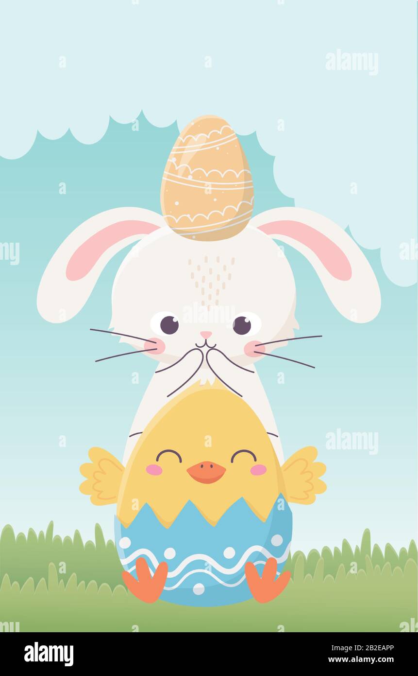 happy easter day, rabbit with egg in head and chicken in eggshell grass ...