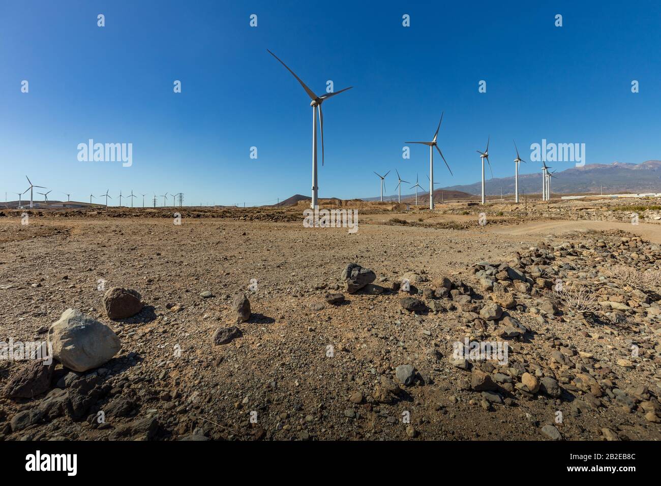 Wind power stations. A row of turbines near the seashore. Wind farm eco ...