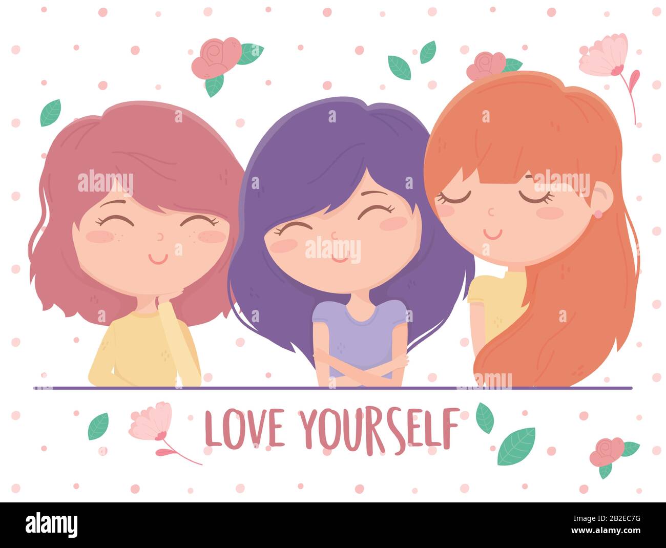 beautiful women flowers love yourself characters cartoon vector ...