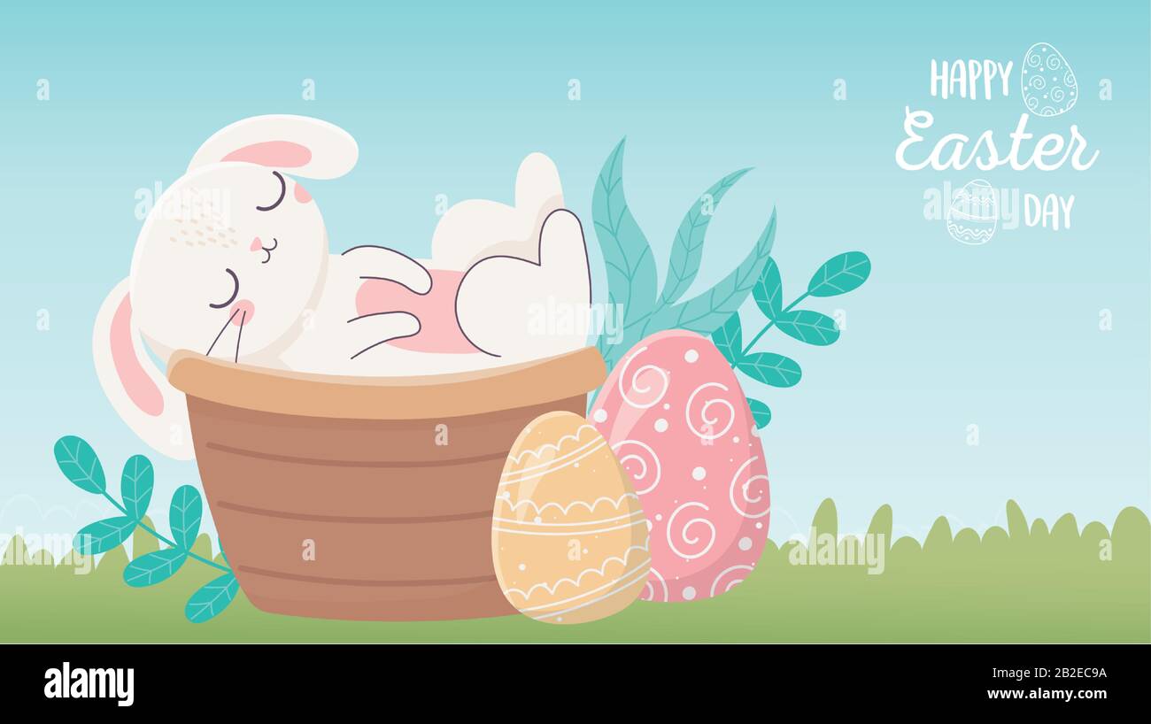 happy easter day, rabbit resting in basket eggs foliage nature vector ...