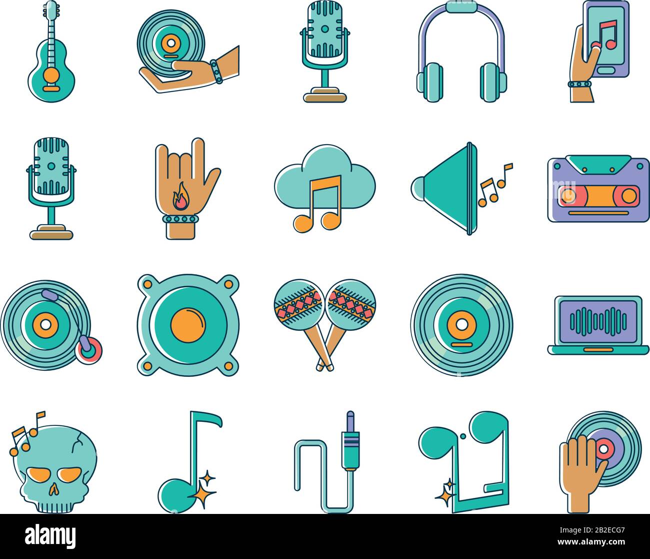 music melody sound audio icons set vector illustration line and fill ...