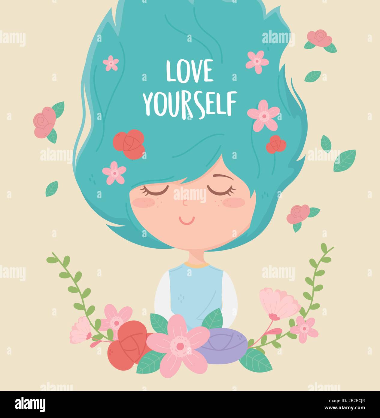 young woman flowers love yourself lettering decoration cartoon vector ...