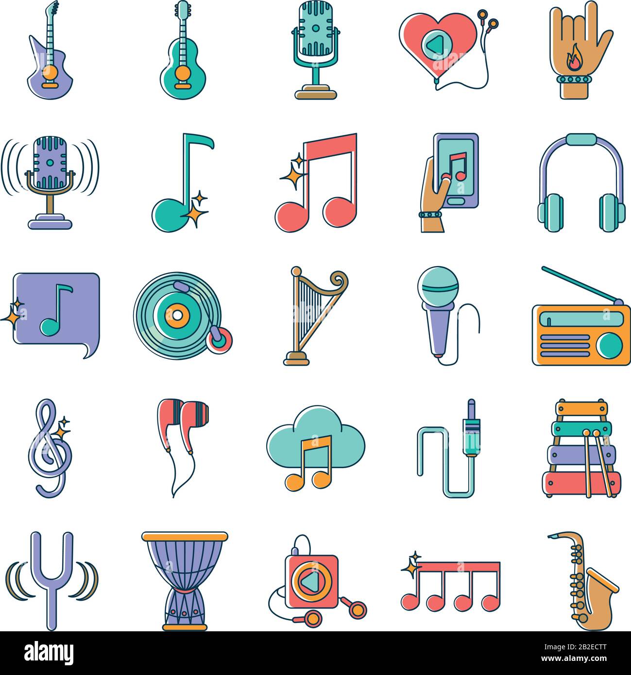 music melody sound audio icons set vector illustration line and fill ...