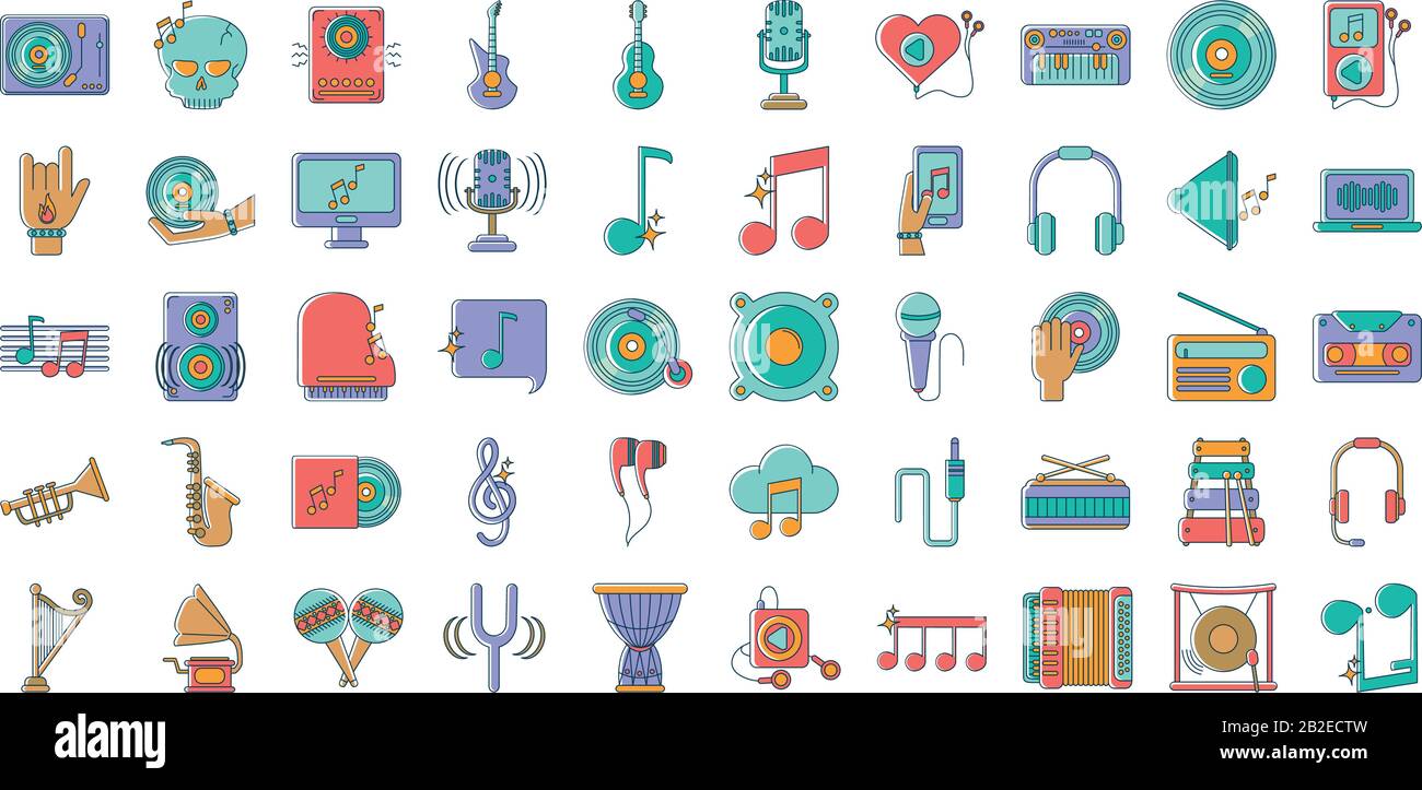 music melody sound audio icons set vector illustration line and fill ...