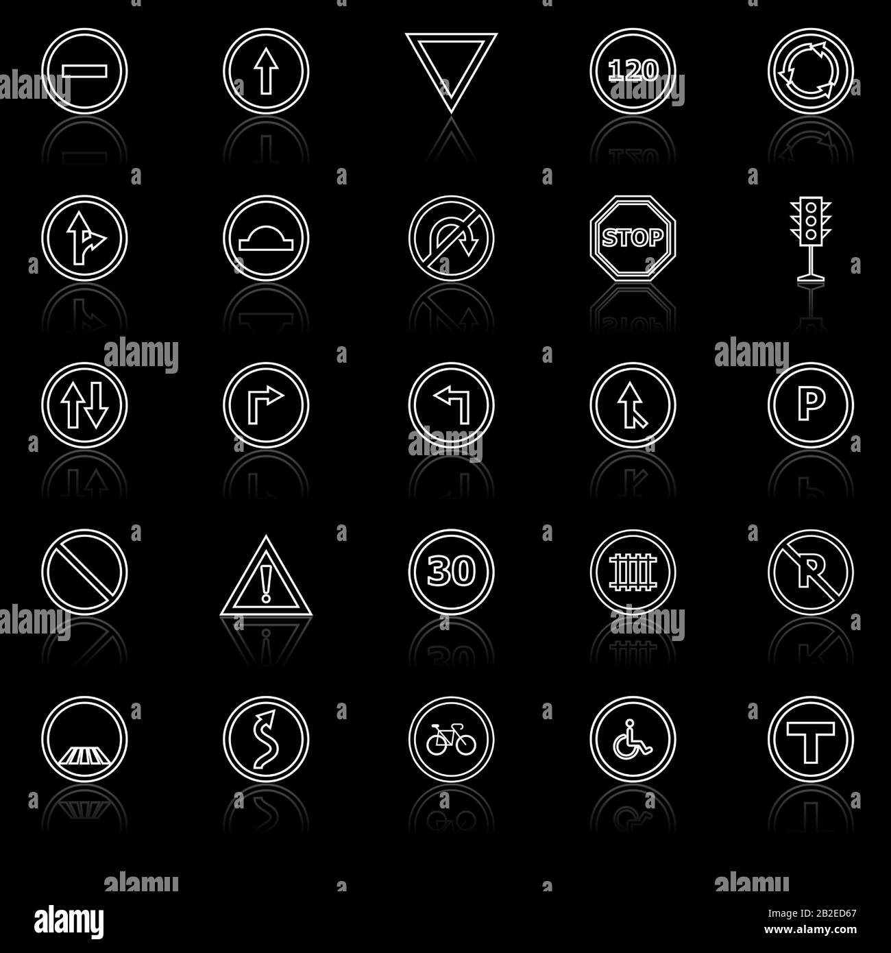 Road sign line icons with reflect on black background, stock vector ...