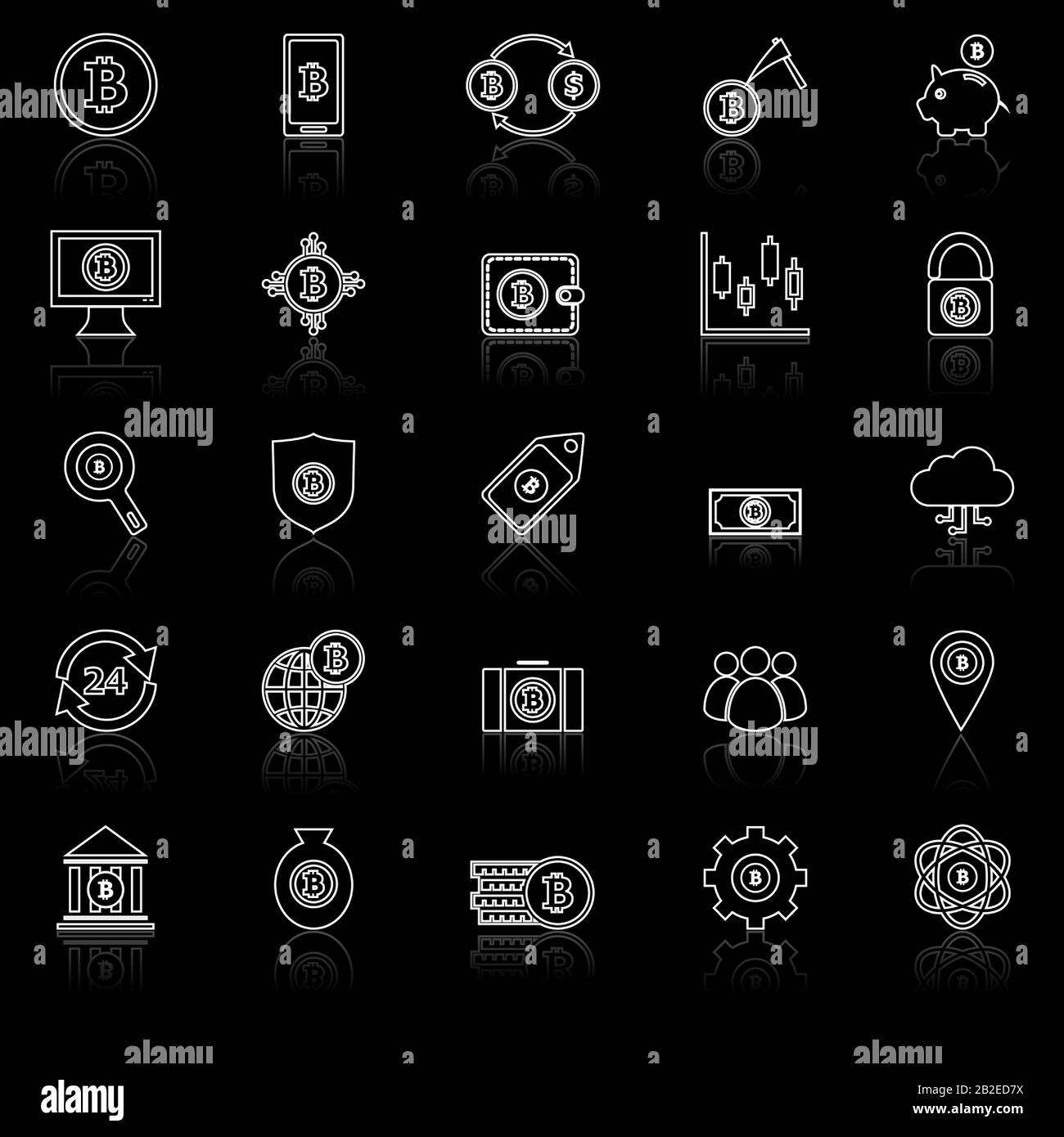 Bitcoin line icons with reflect on black background, stock vector Stock ...