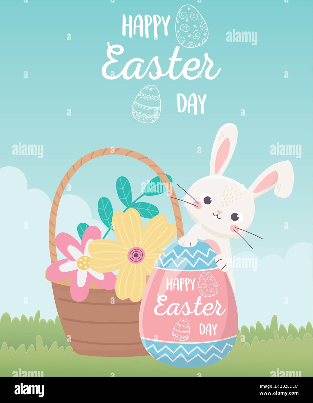 happy easter day, rabbit with lettering painted egg flowers in basket ...