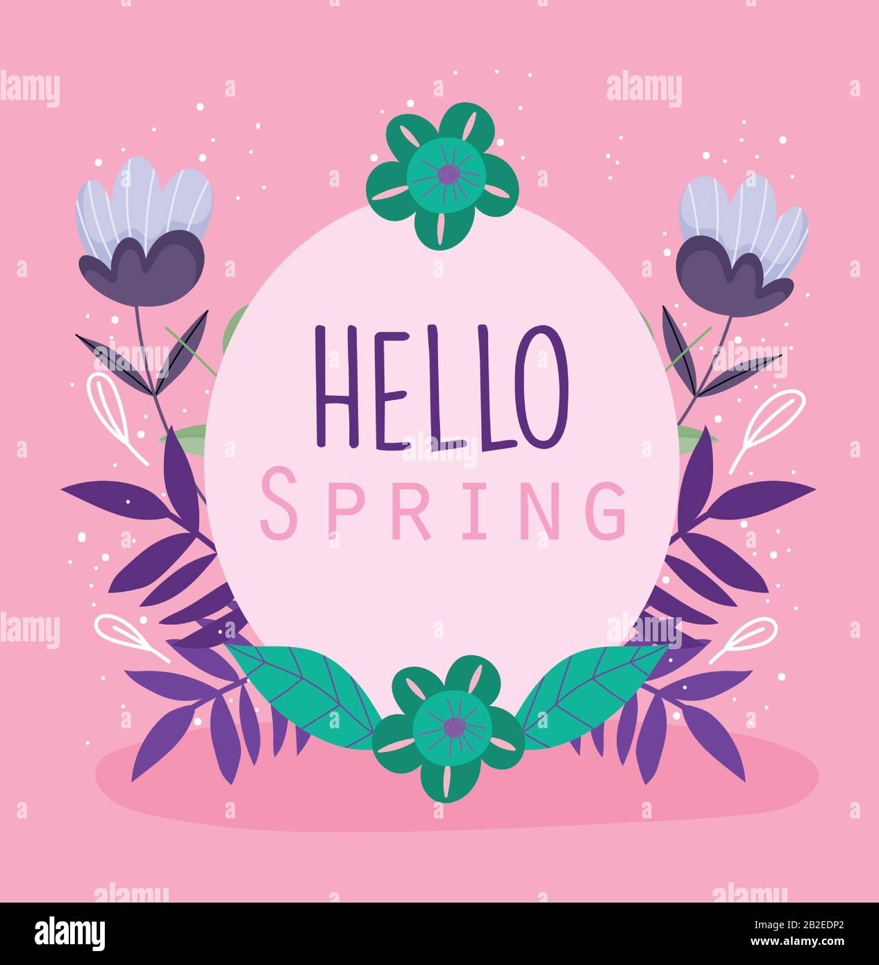hello spring, green flowers foliage frame badge template card vector ...