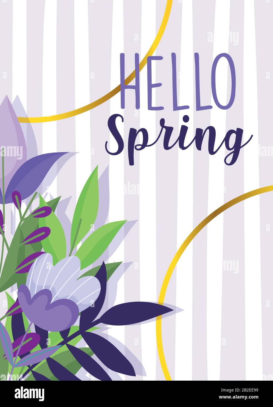 hello spring, stripes background ribbon and flowers foliage decoration ...