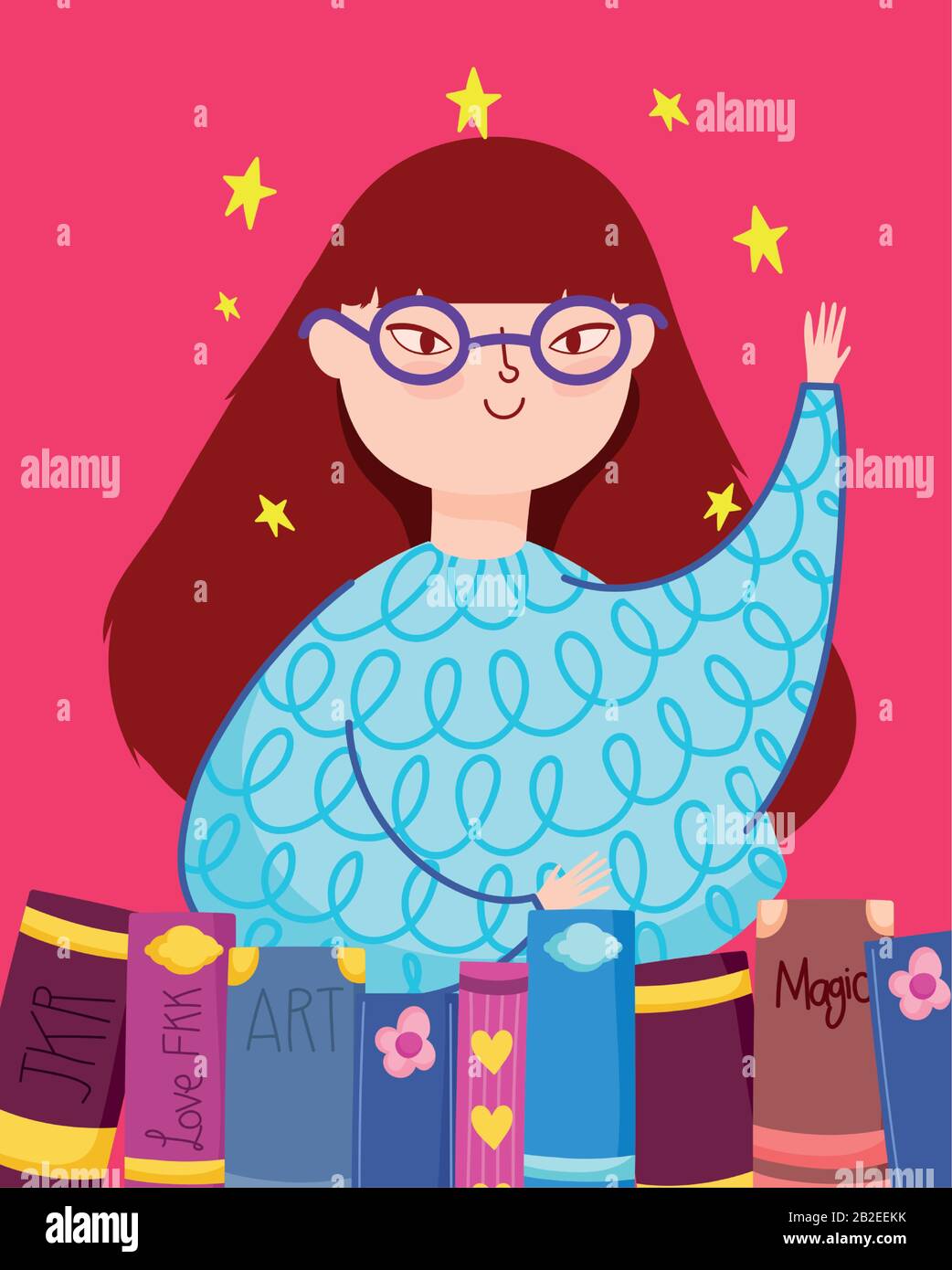 book day, teen girl waving hand and books different literature cartoon ...
