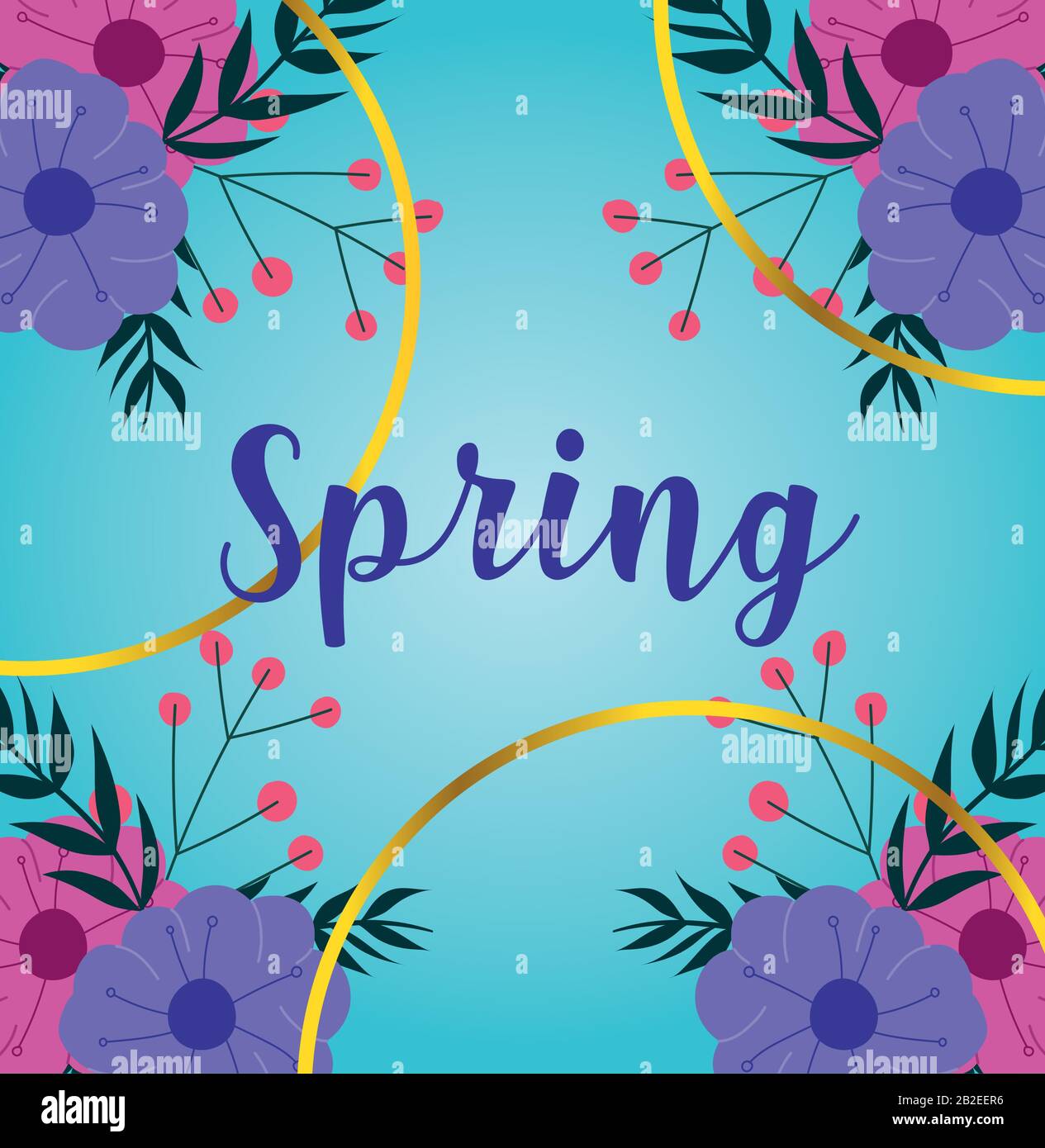 hello spring, lettering flowers berries season gold ribbon blue ...