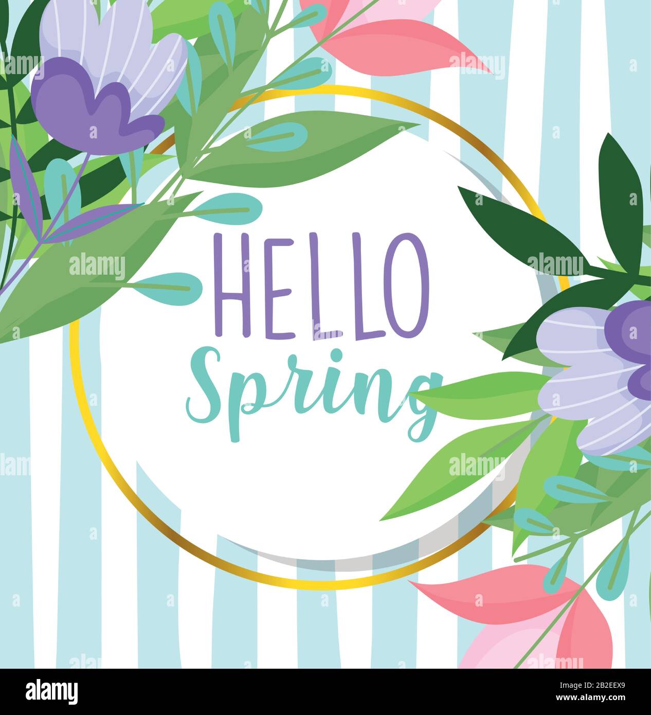 hello spring, purple flowers leaves frame striped background vector ...
