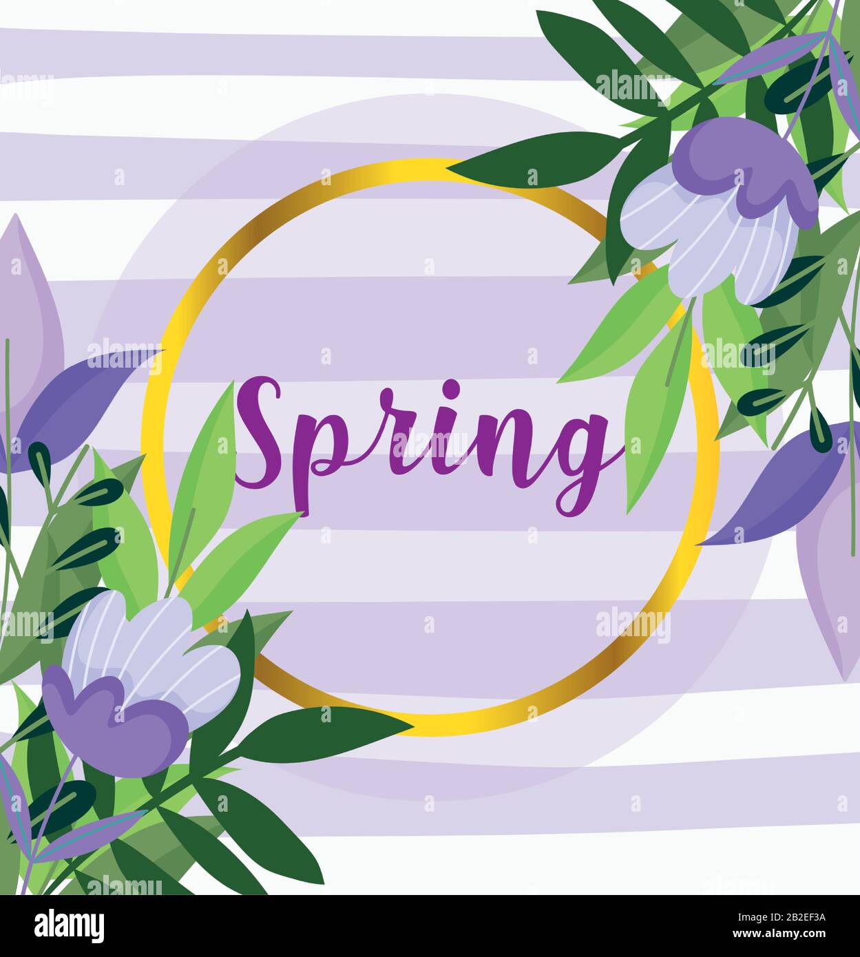 hello spring, purple flowers stripes foliage decoration round frame ...