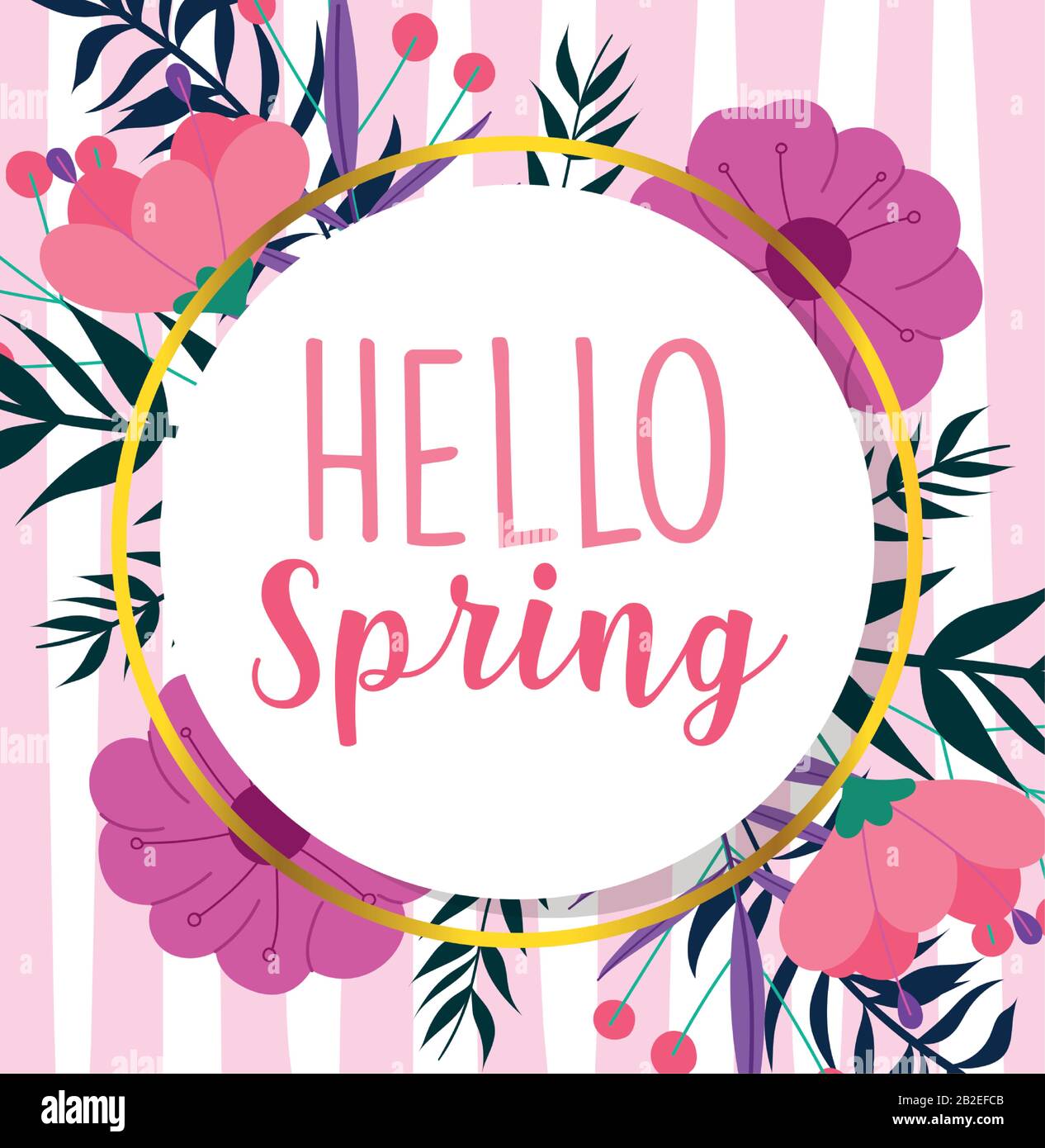 hello spring, round badge flowers leaves season stripes background ...