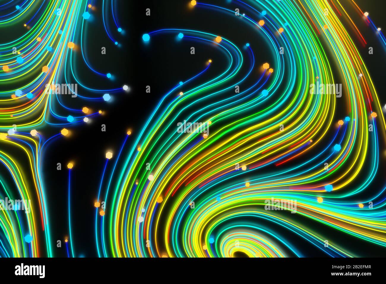Neon glowing twisted cosmic lines on the glossy surface. Turbulence ...