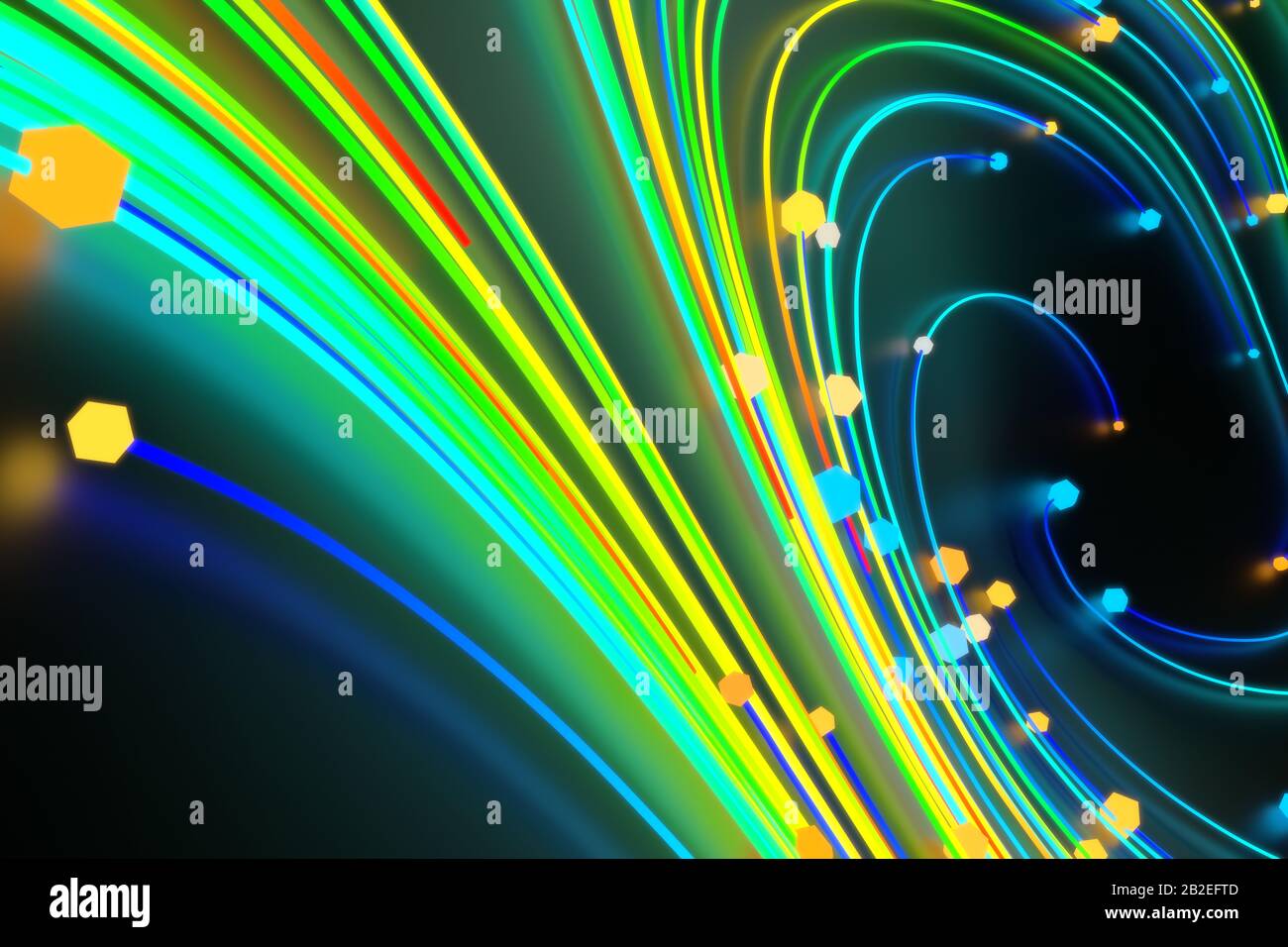 Neon glowing twisted cosmic lines on the glossy surface. Turbulence ...
