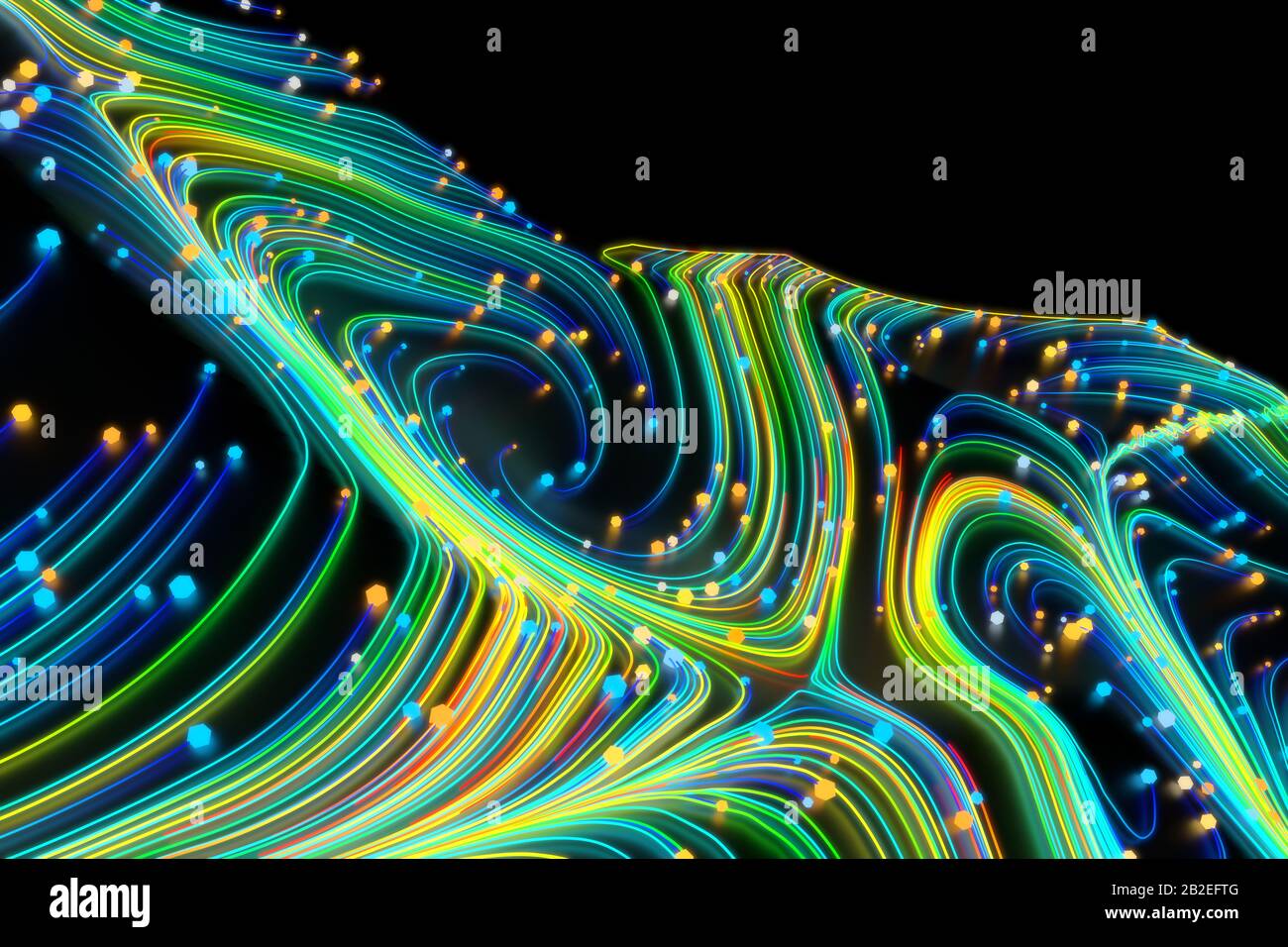Neon glowing twisted cosmic lines on the glossy surface. Turbulence ...