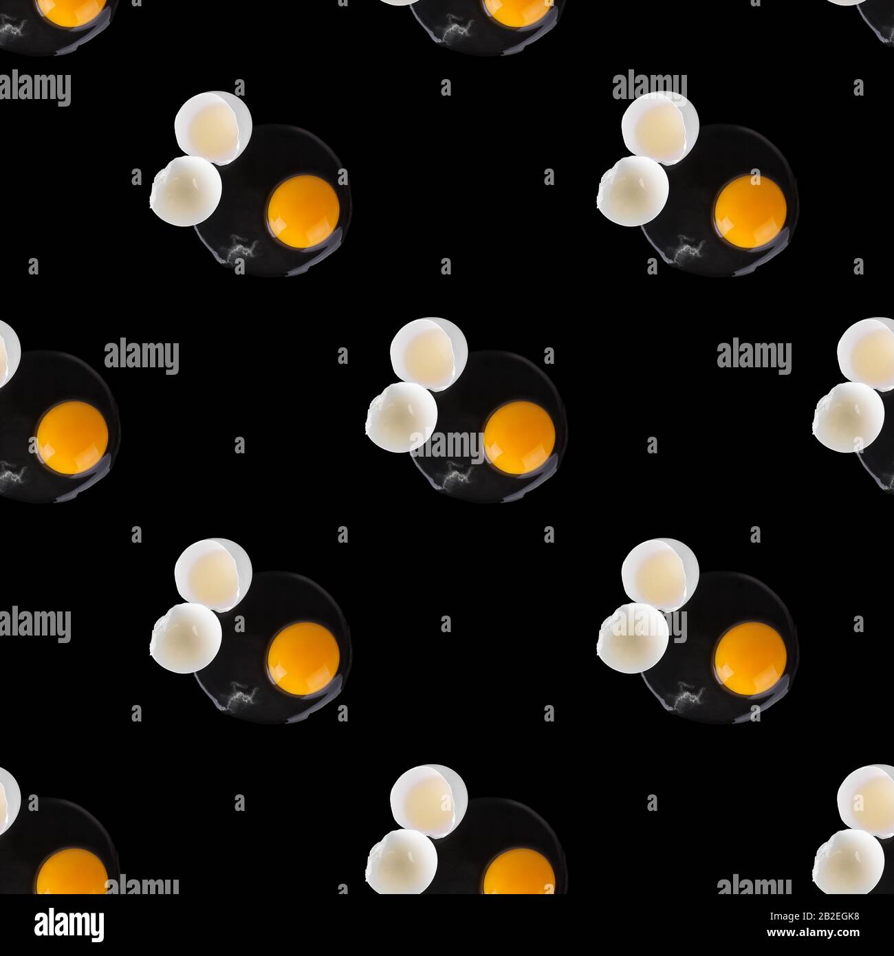 Seamless pattern of broken white eggs on black background top view ...