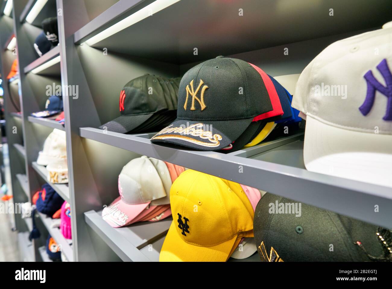 HONG KONG, CHINA - CIRCA JANUARY, 2019: baseball caps on display at a ...