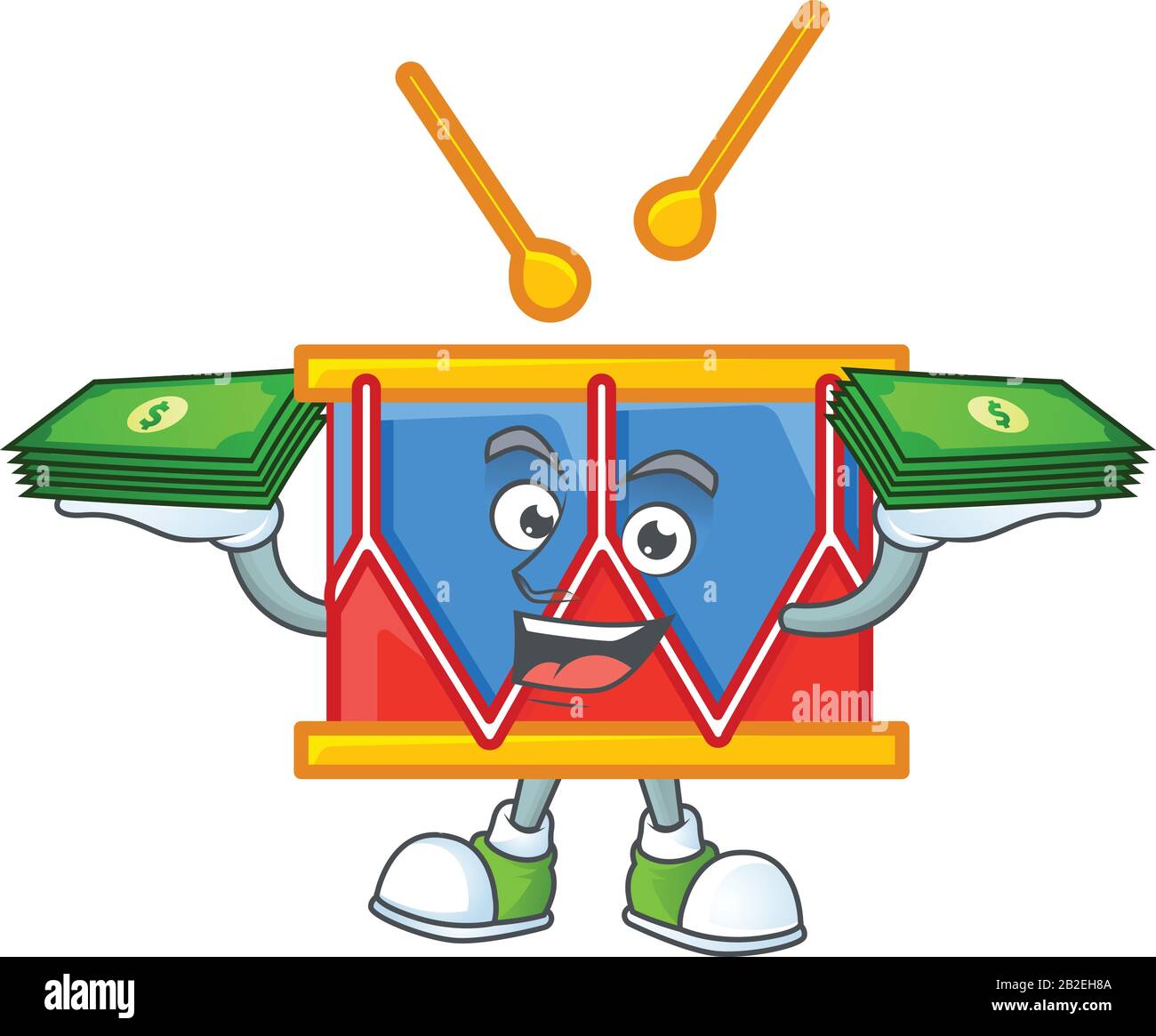 rich and famous independence day drum cartoon character with money on ...