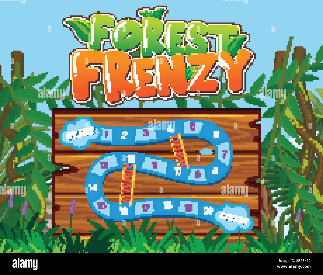 Game template with numbers on wooden board and jungle background ...
