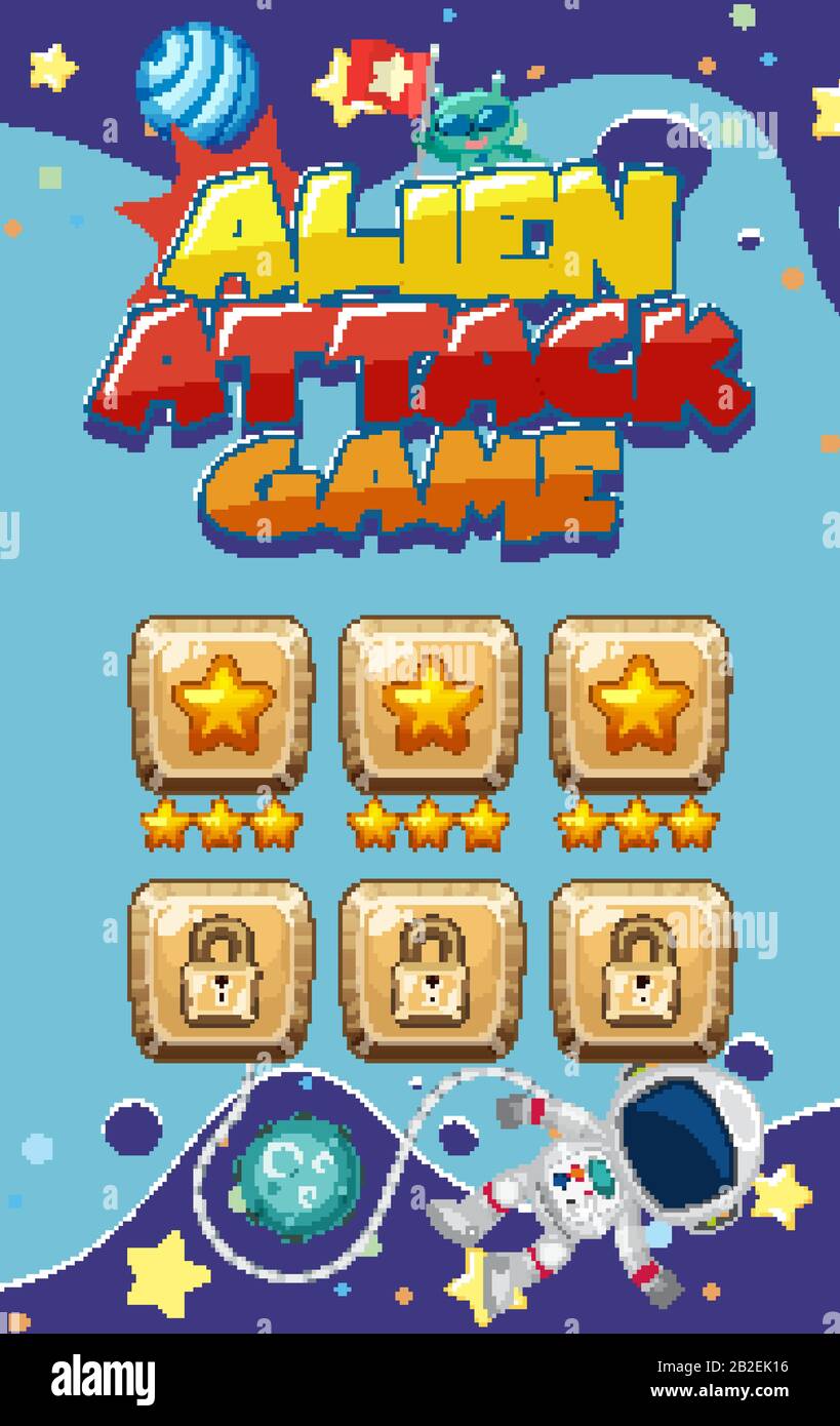 Screen template for alien attack game with astronaut flying in space ...