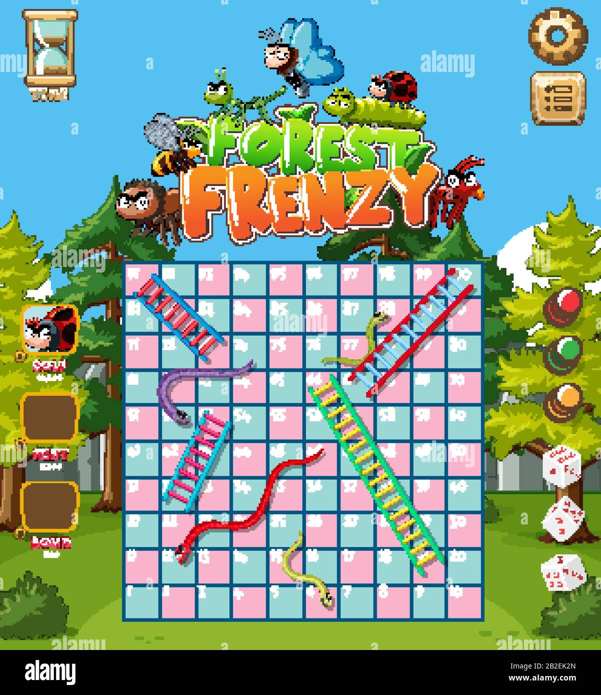 Game template design with insects and forest background illustration ...