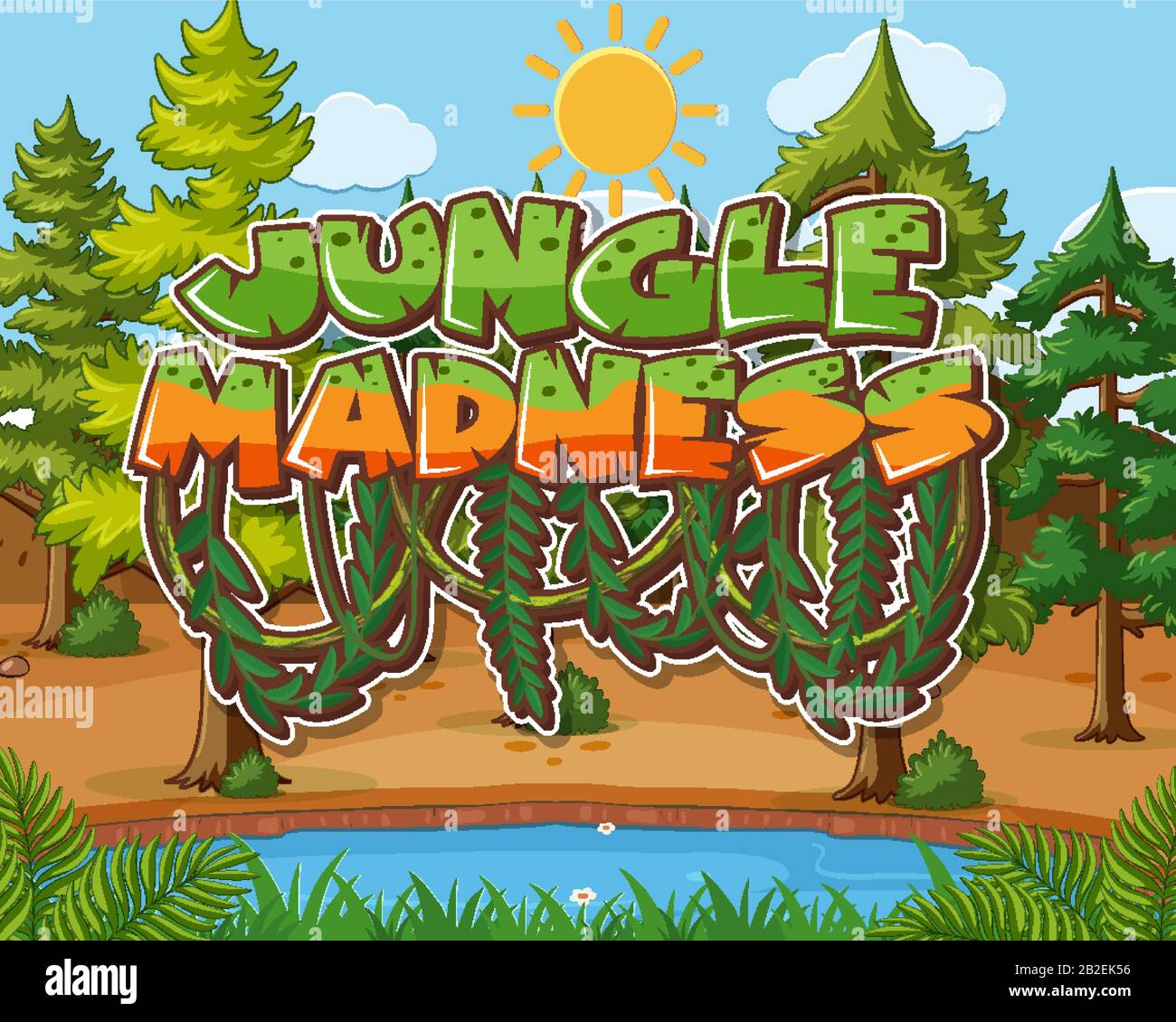 Font design for word jungle madness with trees in background ...