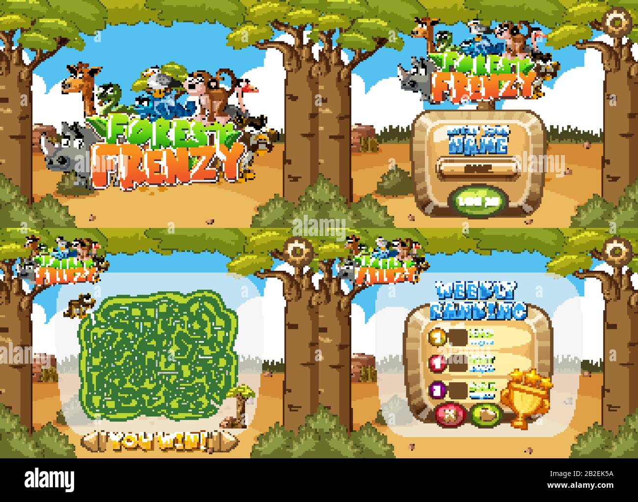Game template design with four different forest backgrounds ...