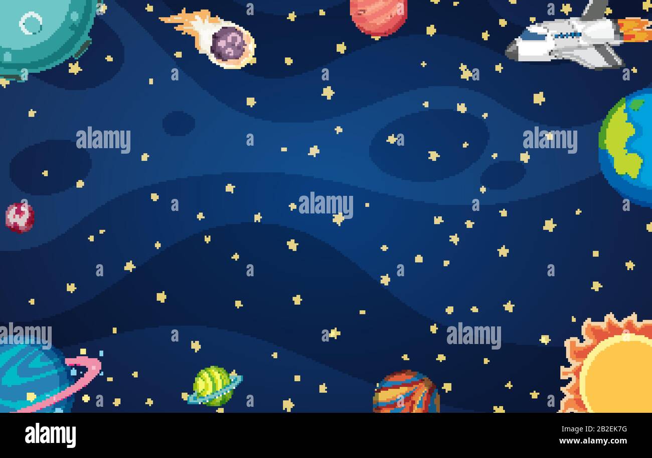 Background template design with spaceship and many planets in space ...