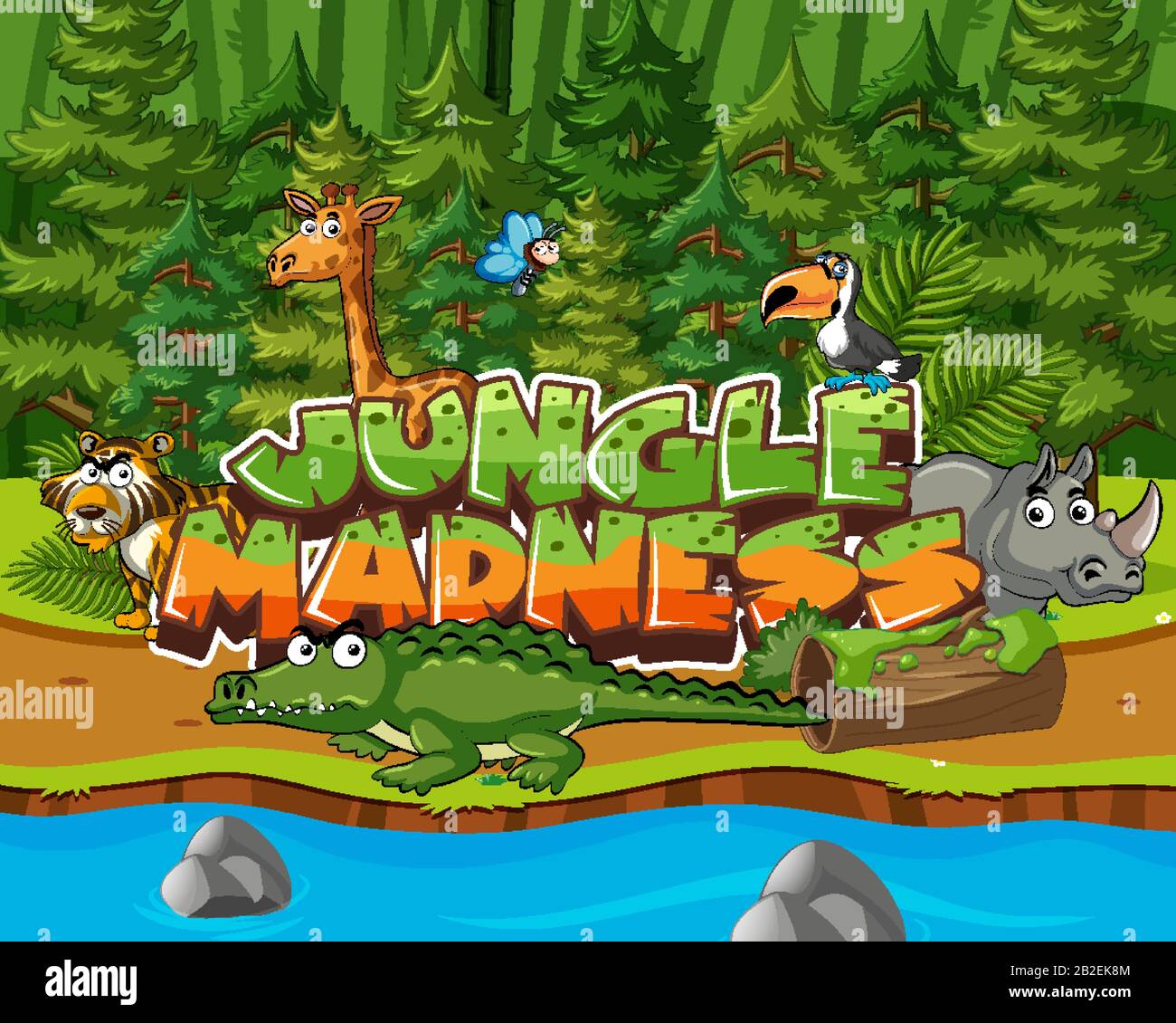 Scene with word related to nature and many animals in forest ...