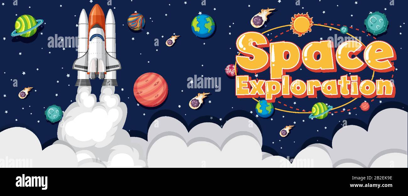 Poster design with spaceship and many planets in space background ...