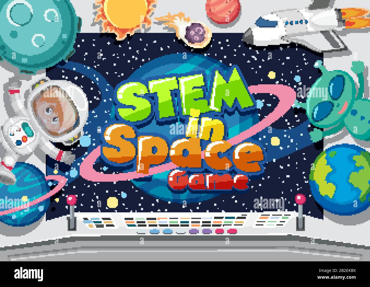 Poster design with astronaut and alien in control room illustration ...