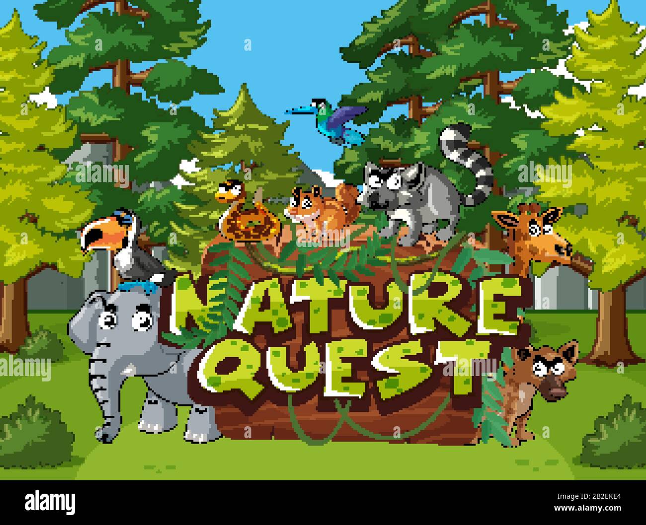 Forest scene with word nature quest with wild animals in background ...
