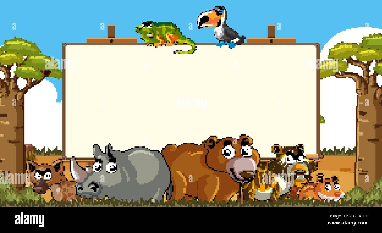 Frame template with many wild animals in background illustration Stock ...