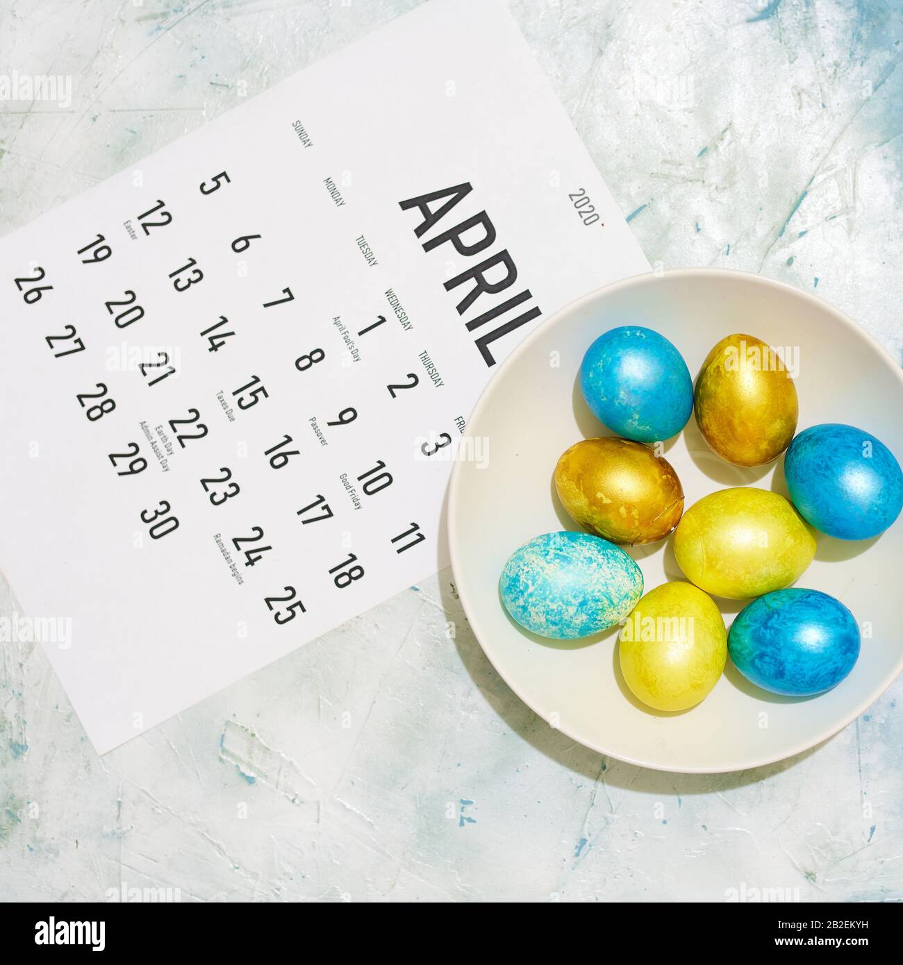 Monthly April 2020 calendar with colorful decorated Easter eggs. View from above. Top view. Easter holidays festive springtime concepts Stock Photo Alamy