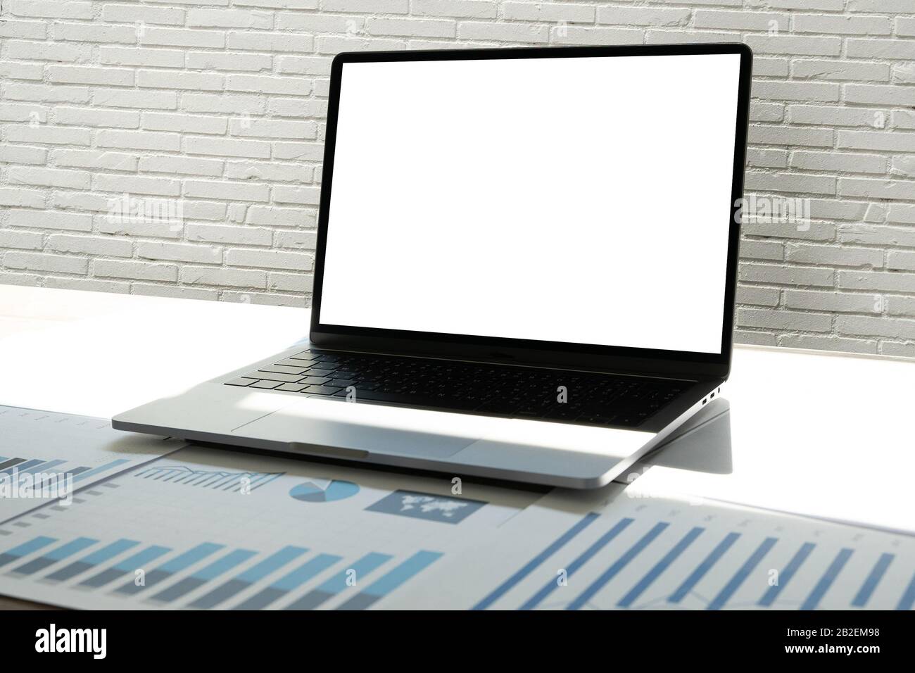 man Using laptop with blank screen work on Blank screen computer Cloud ...