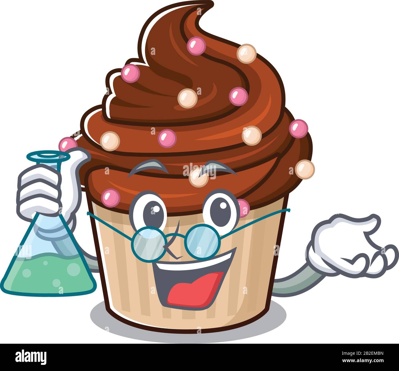 Cool chocolate cupcake Professor cartoon character with glass tube ...