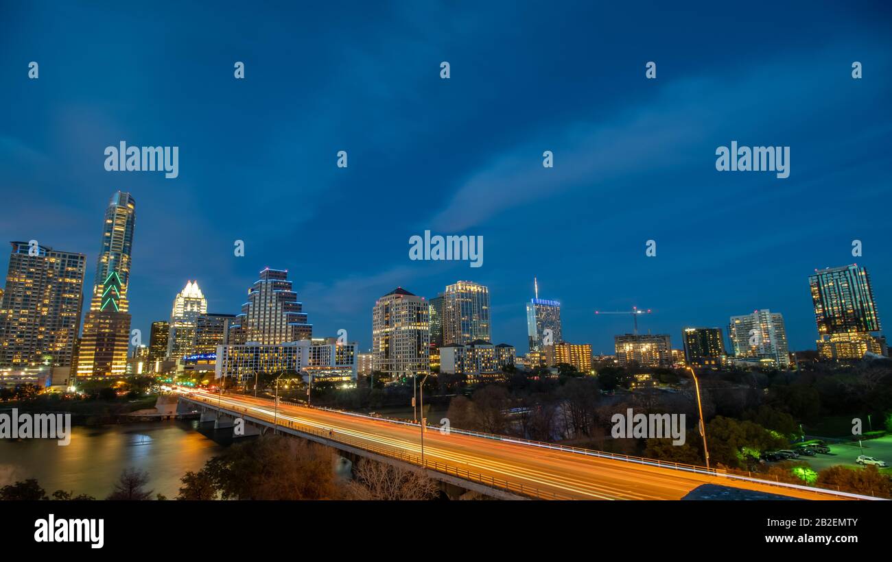 Wide Angle Panoramic of Downtown Austin Skyline At Night Stock Photo ...