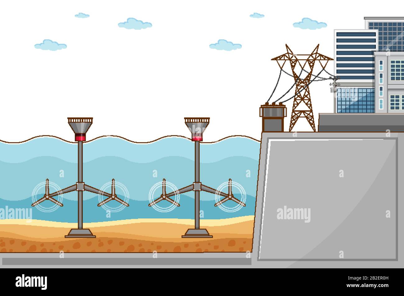 Diagram showing water power generating electricity used in city ...
