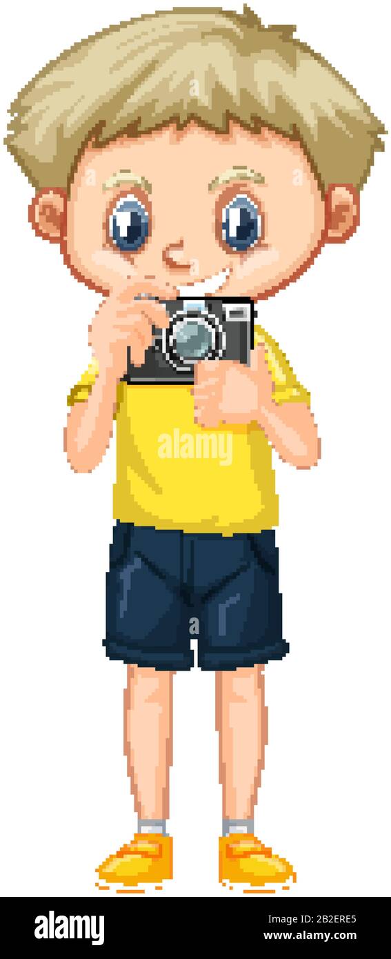 Boy in yellow shirt with digital camera illustration Stock Vector Image ...